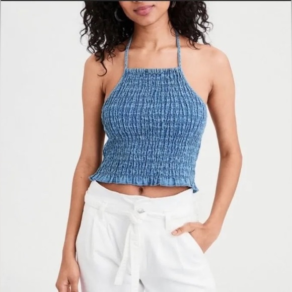 American Eagle Outfitters | Tops | Nwt American Eagle Blue Cotton Halter Top Size L | Poshmark